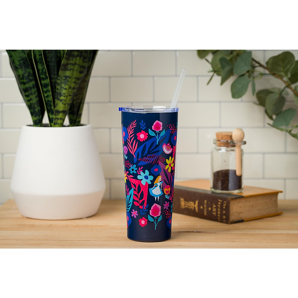 Silver Buffalo Disney Alice in Wonderland Floral Pattern Double Walled Stainless Steel Tumbler with Straw, 22 Ounces, Multicolor