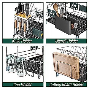slhsy Dish Drying Rack,2 Tier Dish Racks for Kitchen Counter, Rust-Proof Dish Drainer,Large Dish Drying Rack with Drainboard,Utensil Holder,Knife Block and Drying Mat