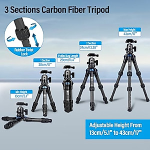 SIRUI Carbon Fiber Travel Tripod with 360° B-00K Arca-Swiss Ballhead, Mini Desktop Tripod for Mirrorless Cameras, Folded Height 12.1", Max Height 16.6″