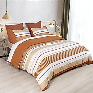 PHF Washed Soft Duvet Cover Set King Size, 3PCS Stylish Stripe Comforter Cover Set, Ultra Soft Comfy Durable Farmhouse Duvet Cover with Pillow Shams Bedding Collection, 104" x 90", Brick Red & White
