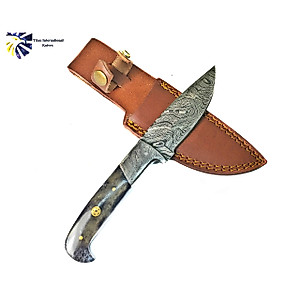 Titan International Knives Damascus TD-191 Steel Hunting Knife with Leather Pouch