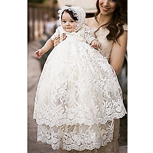 Long Ivory Christening Gown for Baby Girls Lace Baptism Dress with Bonnet 6M