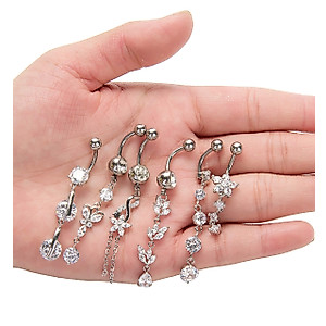 YOVORO 6PCS 14G 316L Stainless Steel Belly Button Rings for Women Navel Rings Barbell Dangle Flower CZ Body Piercing (C: 6 Pcs Silver-tone)