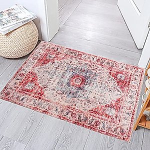 GEVES Beige Red Area Rug Distressed Oriental 2x3 Boho Entryway Rugs for Bedroom Kitchen Bathroom Decor Doormat Washable Indoor Use Non-Slip Rubber Backing