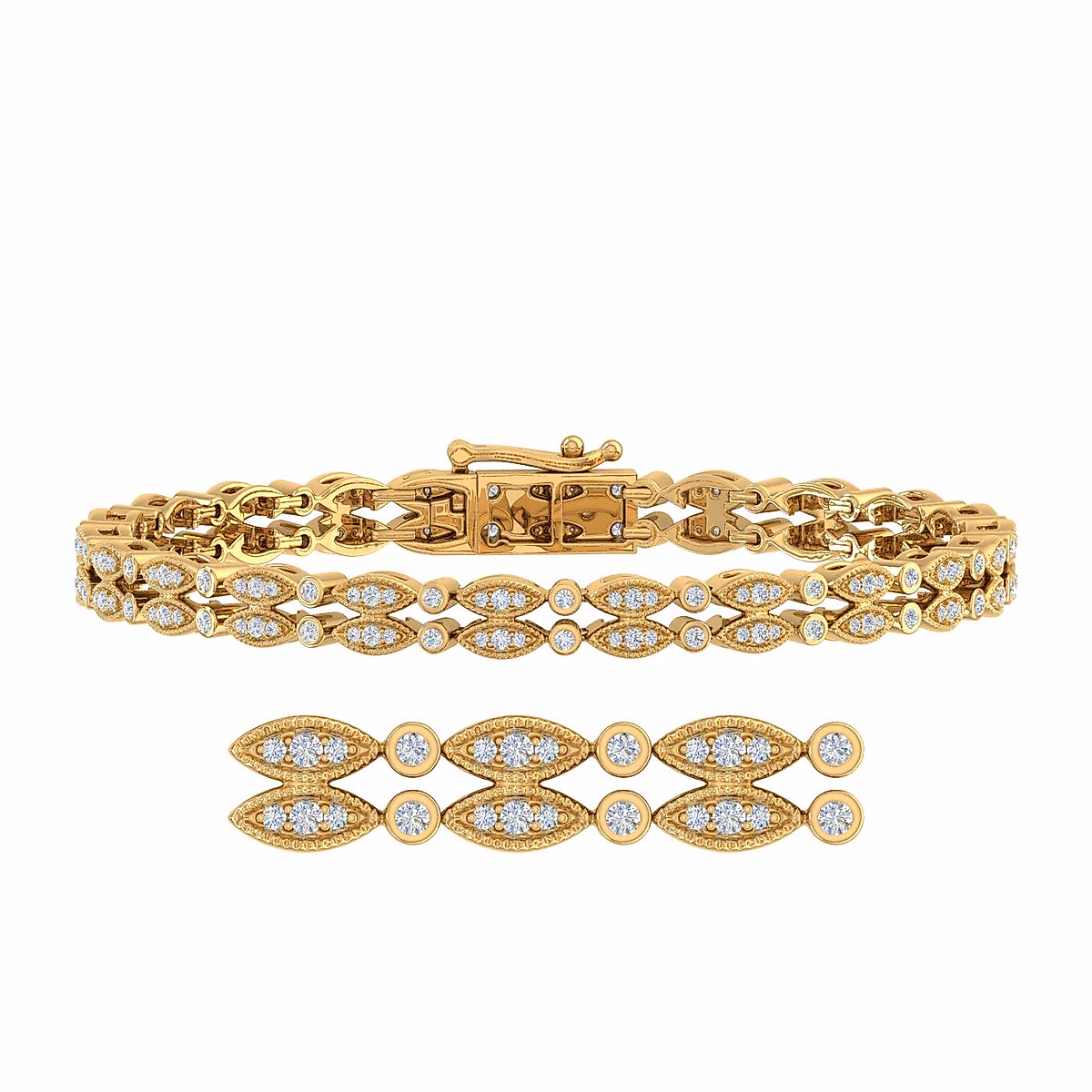FINEROCK 1 Carat Diamond Vintage Bracelet with Round and Marquise alternate link in 2 rows in 10K Yellow Gold(7.25 Inch)