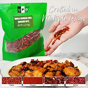 NPG Sichuan Red Chili Peppers 4 Ounces, Medium Hot, Capsicum Annuum Used in Mexican, Chinese, Thai Dishes, Premium Szechuan Dried Red Chilies for Chili Oil, Paste, and Sauce