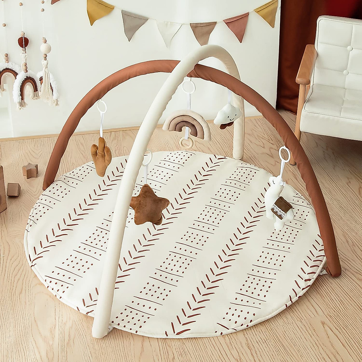 Razee Baby Gym Mat Infant Activity Gym Mudcloth Baby Activity Center with Play Mat with 5 Toys for Babies as Shower Use