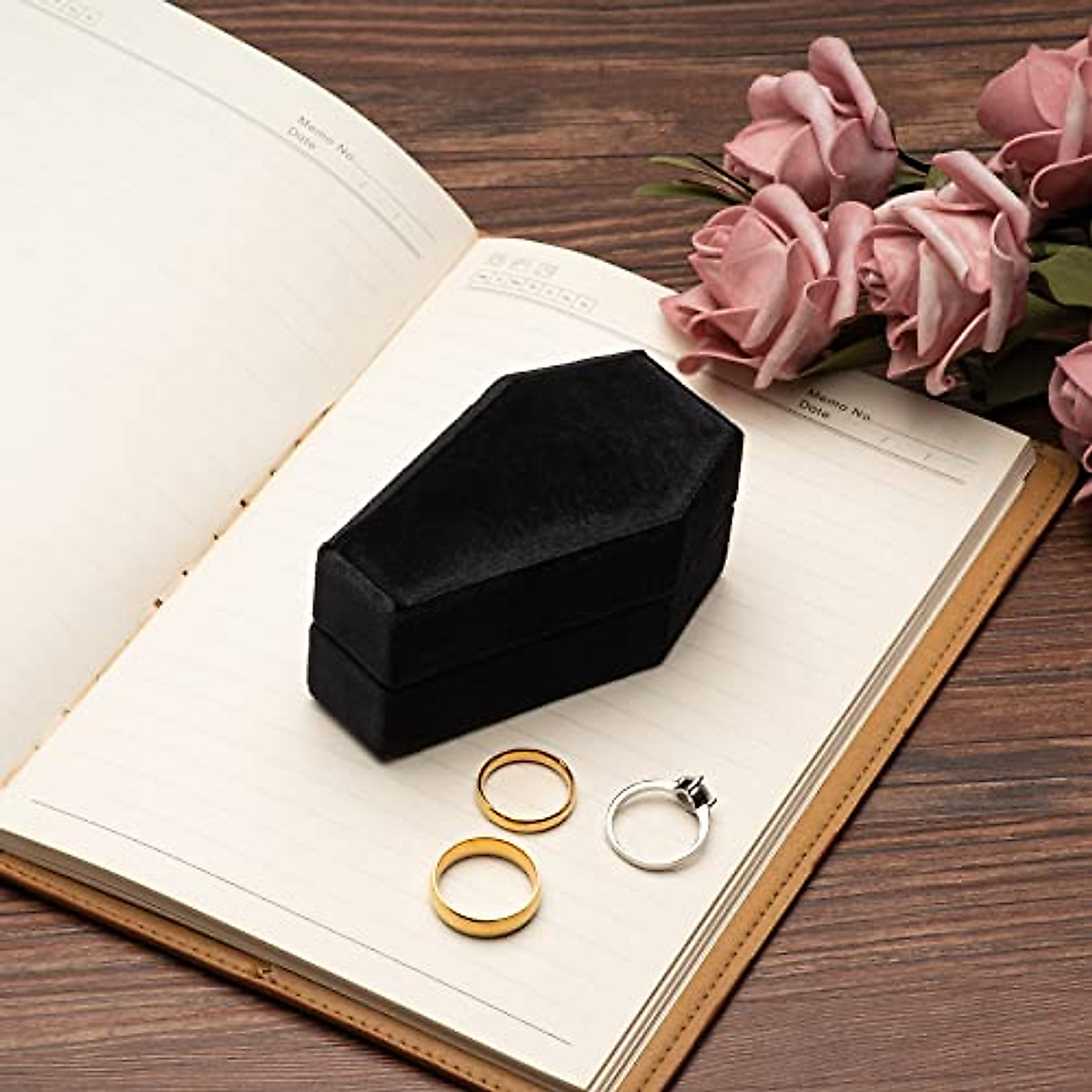 Velvet Coffin Ring Box Case Holder for Gothic Wedding Ceremony,Gothic Jewelry Organizer Decorations (Black)