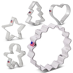 Christmas Linzer Cookie Cutters 5-Pc. Set Made in USA by Ann Clark, Fluted Circle, Mini Heart, Mini Christmas Tree, Mini Star, Mini Gingerbread Man
