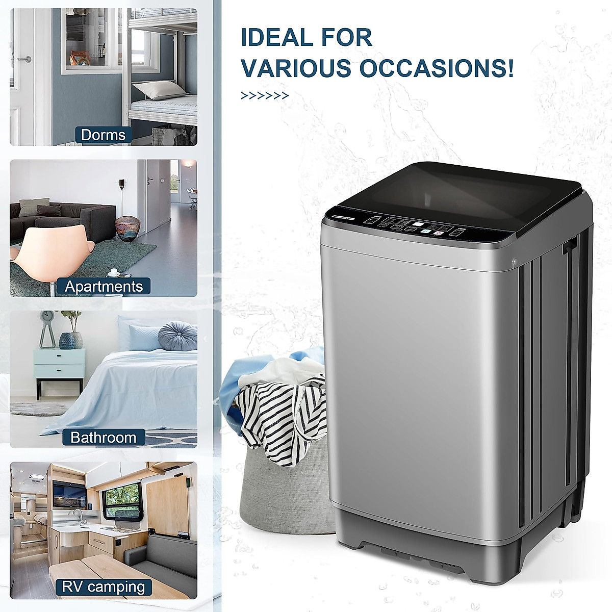 25 lbs Portable Washing Machine LED Display Full Automatic Washing Machine 10 Programs & 8 Water Levels, Come with a Glass Cover, Drain Pump Ideal for Apartment Home Dorm, Grey