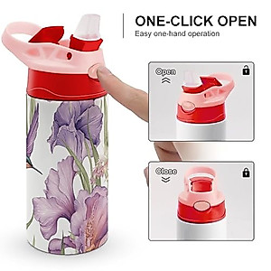 Stainless Steel Water Bottles Hummingbirds Irises Flowers Travel Water Cups with Handle And Silicone Straw Drinking Cup with Leak Proof Lid Thermo Travel Mug for Women Men