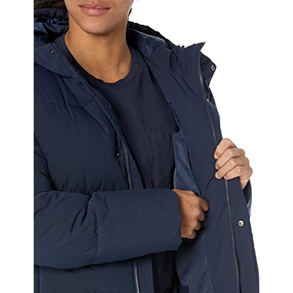Amazon Essentials Men's Recycled Polyester Mid-Length Hooded Puffer (Available in Big & Tall), Navy, Large