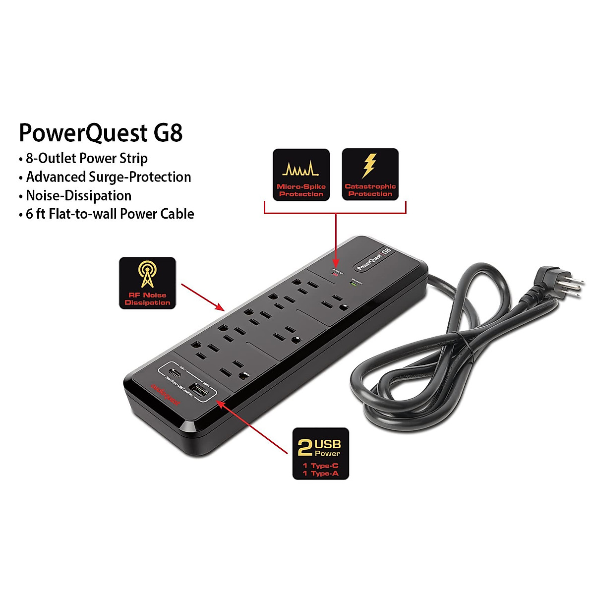AudioQuest PowerQuest G8 – 8-Outlet Surge Protector with USB-A and USB-C Charging Ports - Perfect for TV, AV Receiver, Xbox, Playstation, Soundbar, Computer, and Home Office