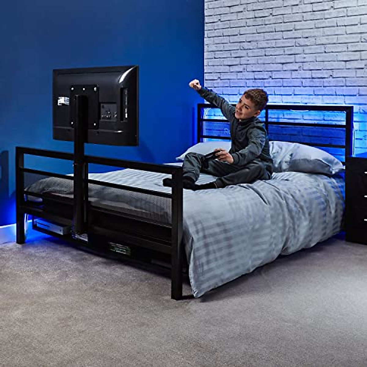 X Rocker Basecamp Gaming Bed Frame, with Rotating TV Mount, Storage, Metal Mesh Frame, 2111101, 80.63" x 37.68" x 42.8", Twin Size, Black