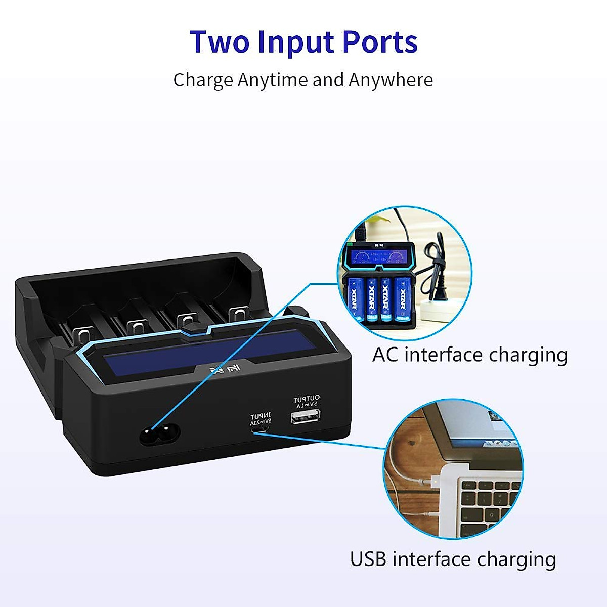 XTAR X4 2A Fast AC Power Battery Charger 2 Input Ports with USB Output Function for 3.6V 3.7V 14500 16340 18650 20700 21700 26650 1.2V AAAA AA A SC C