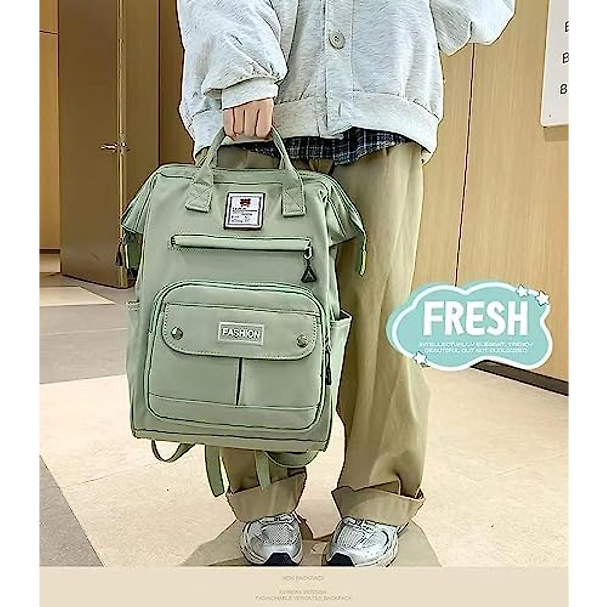 KAOBIO Cute Aesthetic Backpack Large Preppy Bookbags Light Academia Travel Daypack Laptop College Backpack For Women (Sage Green,One Size)