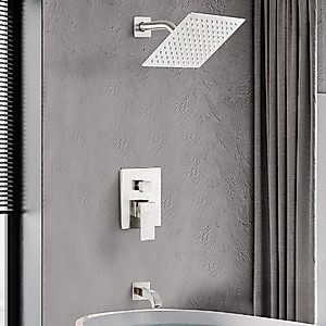 POP SANITARYWARE Shower Faucet with Tub Spout Brushed Nickel Bathroom Rain Mixer Shower System Wall Mounted Rainfall Shower Head and Handle Set, Tub and Shower Trim Kit with Rough-in Valve