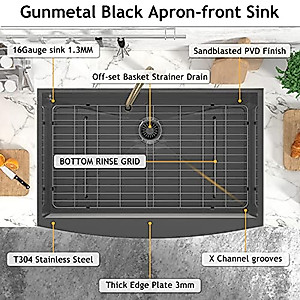 Brzkyr 30 inch Farmhouse Kitchen Sink Gunmetal Black Stainless Steel Apron Front 16 Gauge R10 Deep Single Bowl Kitchen Farm Sinks