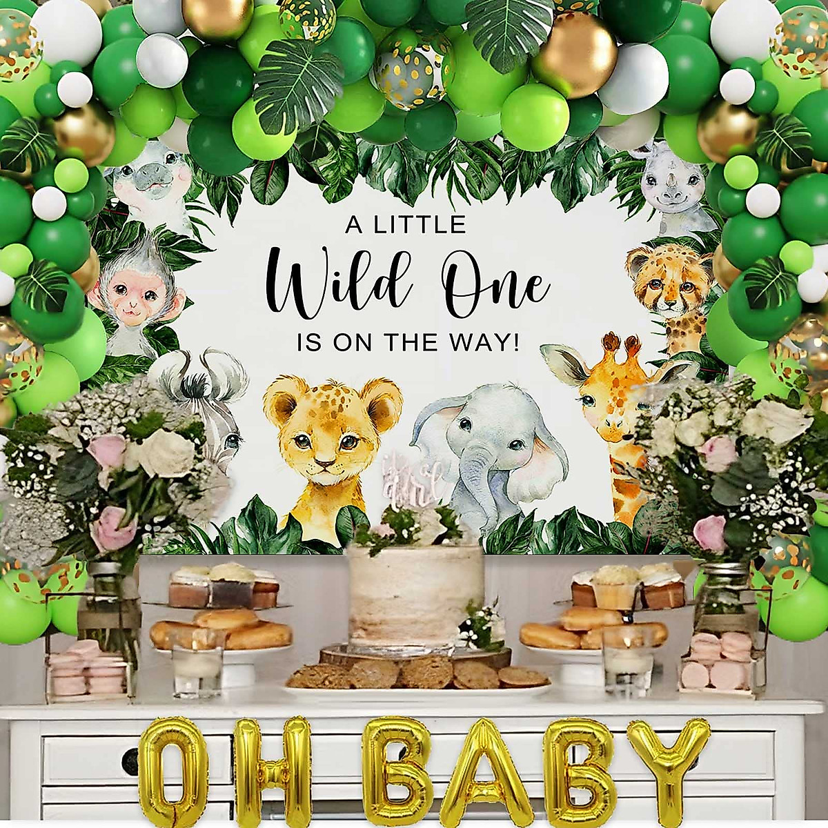 Yuzioey 224PCS Safari Baby Shower Decorations, Jungle Animals Oh Baby Party Supplies, Safari Disposable Dinnerware (Serve 24 Guests)with Paper Plates Cups, Backdrop Tablecloth Balloon Garland Kit