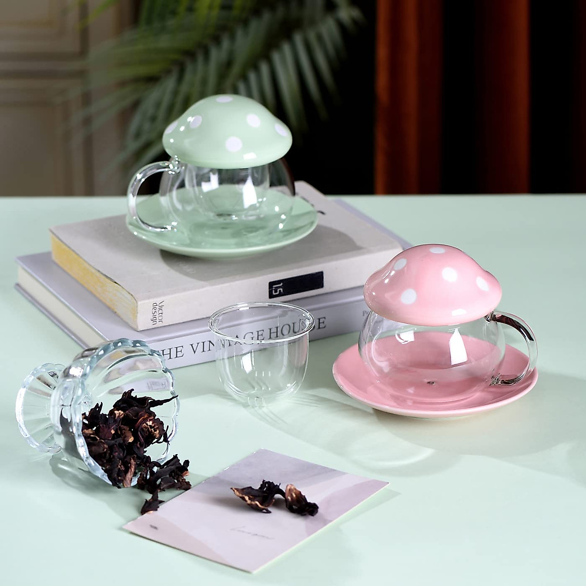 Hyltd Mushroom Tea Cup Mushroom Mug Cute Glass Tea Cups Mushroom Cup Mushroom Tea Mug with Filter Lid Coaster 9.6 Ounces (Green)
