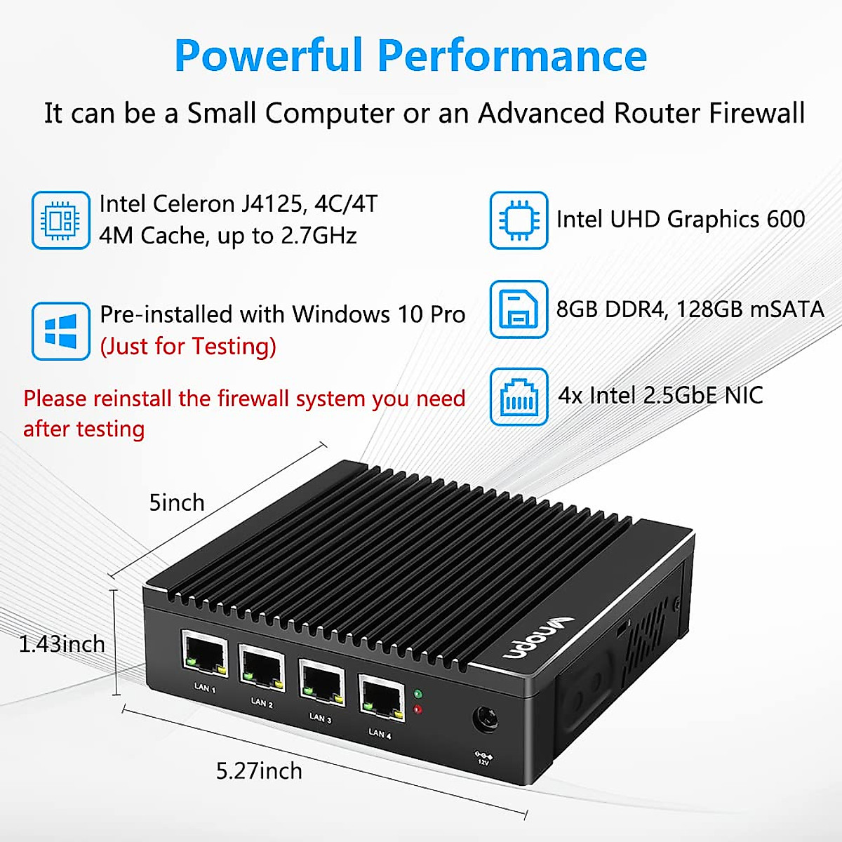 VNOPN Micro Firewall Appliance Intel J4125 Quad Core, 4 Intel 2.5GbE i225 LAN Ports Fanless Mini Computer 8GB RAM DDR4 128GB mSATA SSD, Network Gateway Soft Router PC, Support AES NI