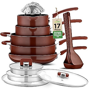 NutriChef Space Saver 17-Piece Nonstick Cookware Set - Brown Pots and Pans with Stackable Design, Foldable Handles, Induction Ready