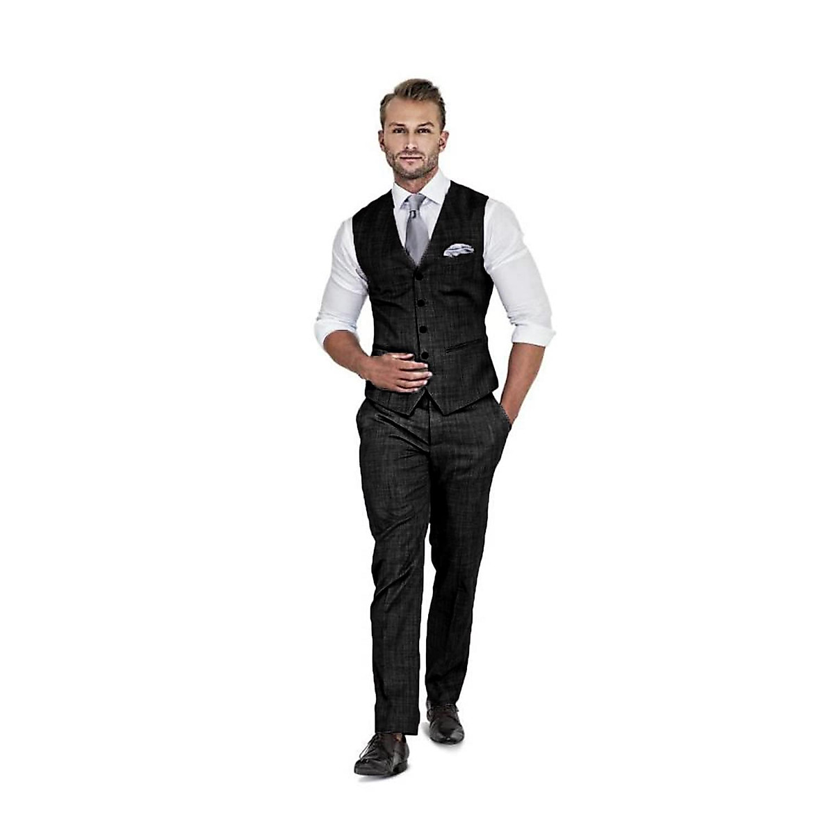 Qiatuu Mens 2 Piece Linen Suit Casual Slim Fit Suits for Summer Beach Wedding Retro Prom Tux Suits Linen Vest and Pant Black-L