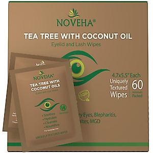 NOVEHA Tea Tree & Coconut Oil Eyelid & Lash Wipes | For Demodex, Blepharitis & Itchy Eyes, Box Of 60 Individually Wrapped Eyelash Wipes With Aloe Vera, Natural Makeup Remover & Daily Eye Cleanser