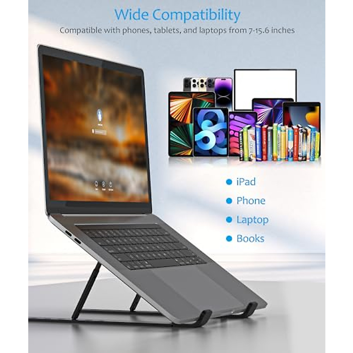 BoYata Laptop Stand, Portable Laptop Holder Computer Stand for Desk, Aluminum Foldable Laptop Riser with 6 Levels Height Adjustment, Compatible with MacBook, HP, Lenovo, Dell, 10-15.6" Laptops (Black)