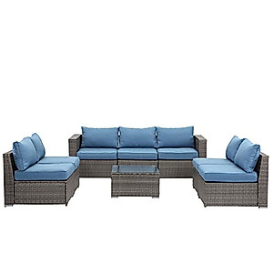 Wisteria Lane 8 Piece Outdoor Patio Furniture Sets, Outdoor Sectional Furniture with Tempered Glass Table and Cushion, Wicker Patio Conversation Sets for Garden Backyard, Blue
