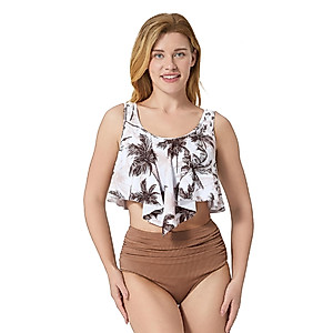 PATPAT Matching Family Swimsuits Tropical Two Piece Mommy and Me Bathing Suits Hawaiian Palm Leaf Brown Coconut Print Beach Vacation Matching Swimsuits for Couples Bikini Beachwear Sets for Women L