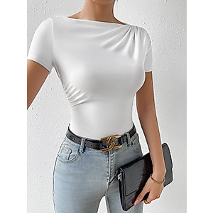 Verdusa Women's Ruched Boat Neck Short Sleeve Slim Fitted Tee T Shirt Top White M