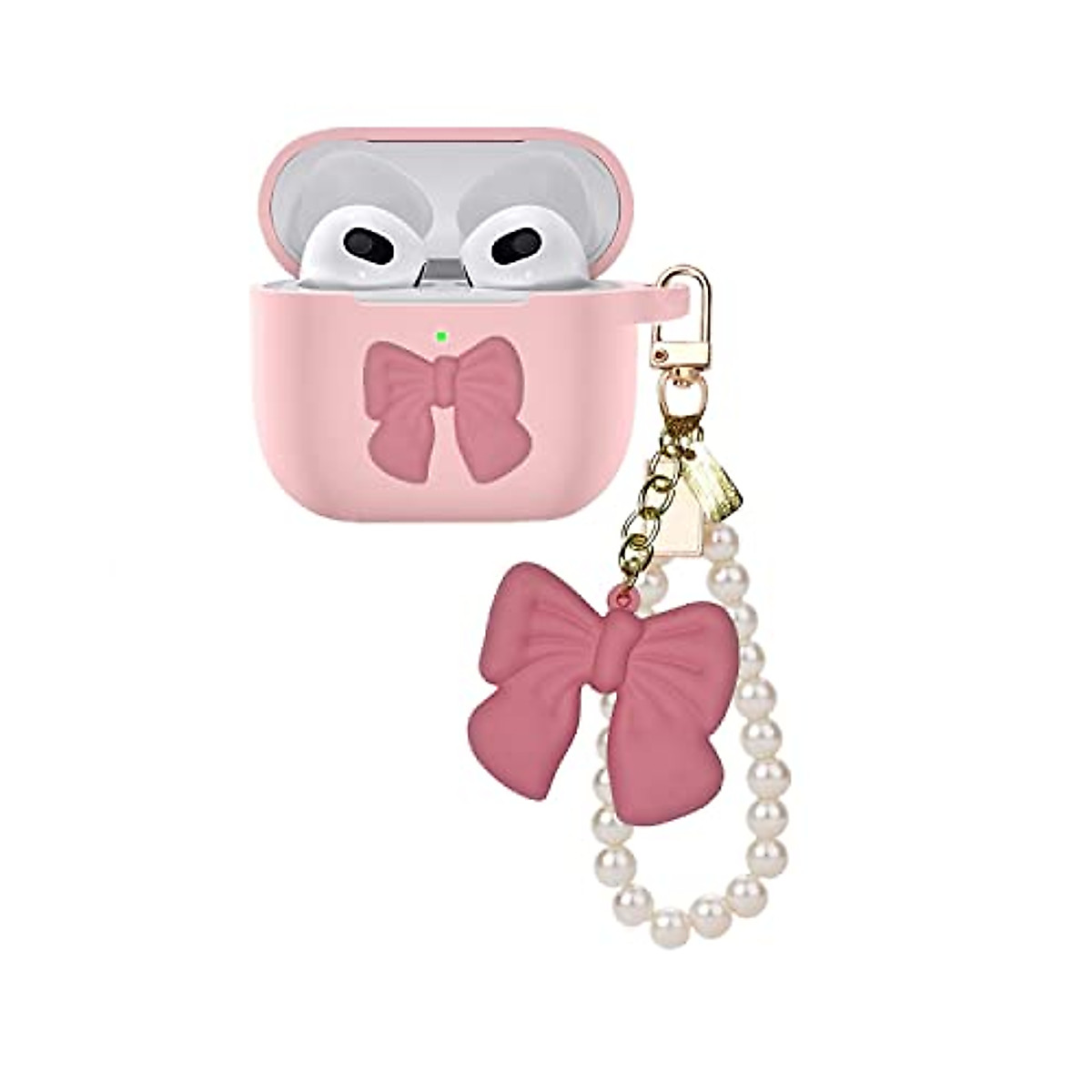 Case for AirPods 3 Case Cover with Bow Pearl Wrist Keychain, Cute Bowknot Protective Silicone Skin for Women Girl Teens with Apple 2021 Latest AirPod 3rd Generation Charging Case (Pink)