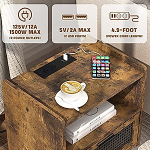 YAUKOMEL Nightstand with Charging Station, End Table with Drawers, Rattan Furniture, Bed Side Table, End Table, Rattan Nightstand with Boho Desk for Living Room, Rustic CTG58BE