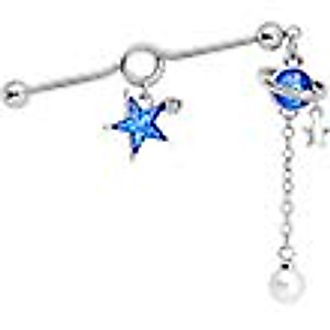 Body Candy Womens 14G Steel Helix Cartilage Earring Glitter Blue Star Planet Dangle Project Barbell 1 1/2"
