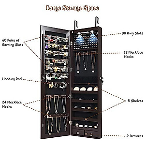 Giantex Wall Door Mounted Jewelry Armoire Cabinet with 47.5" H Full Length Mirror, 2 LEDs Lockable Jewelry Organizer Box with Bracelet Rod, 2 Drawers, Large Storage Capacity (Espresso)