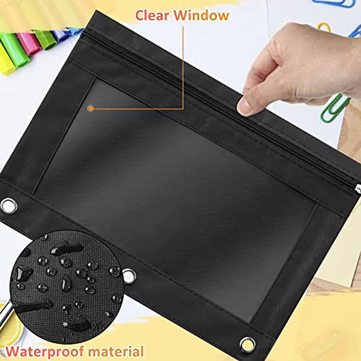 Marspark 48 Pieces 3 Ring Pencil Pouch Bag Bulk Zipper Pouches for 3 Ring Binder with Clear Window for Pencil Cases Office Supplies(Black)