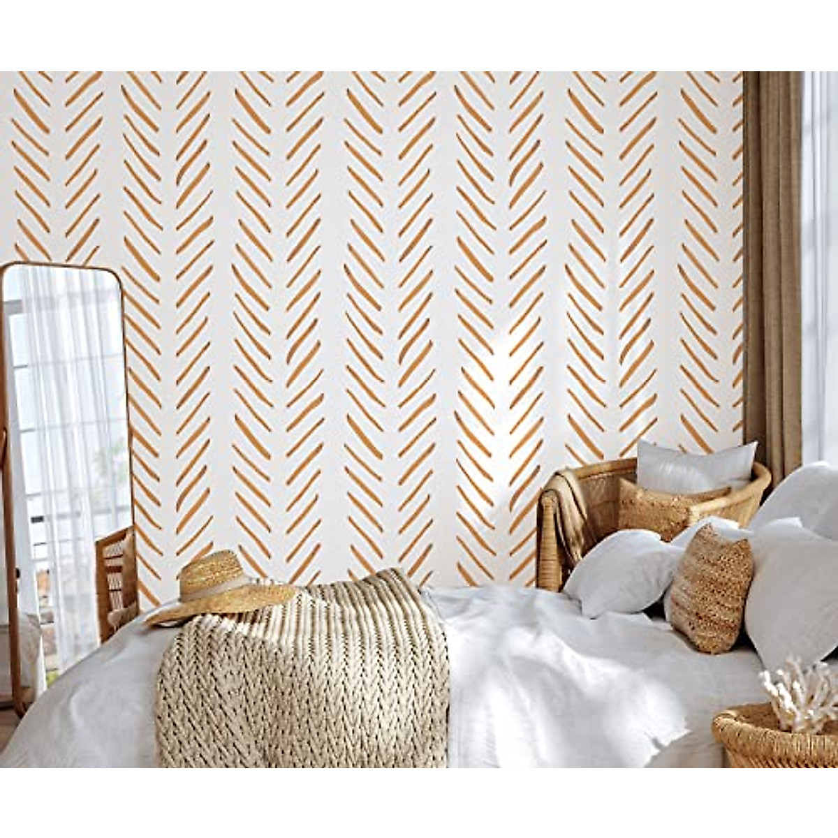 HAOKHOME 96101-3 Boho Peel and Stick Wallpaper Brush Strokes Stripes Removable Terracotta/White Chevron Vinyl Self Adhesive Mural 17.7in x 9.8ft