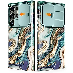 HORTUNE for Samsung Galaxy S23 Ultra Case with Slide Camera Cover, [Military Grade Drop Protection] Marble Phone Case Shockproof Stylish Slim Fit for S23 Ultra 6.8" 2023 (Starry/Green)