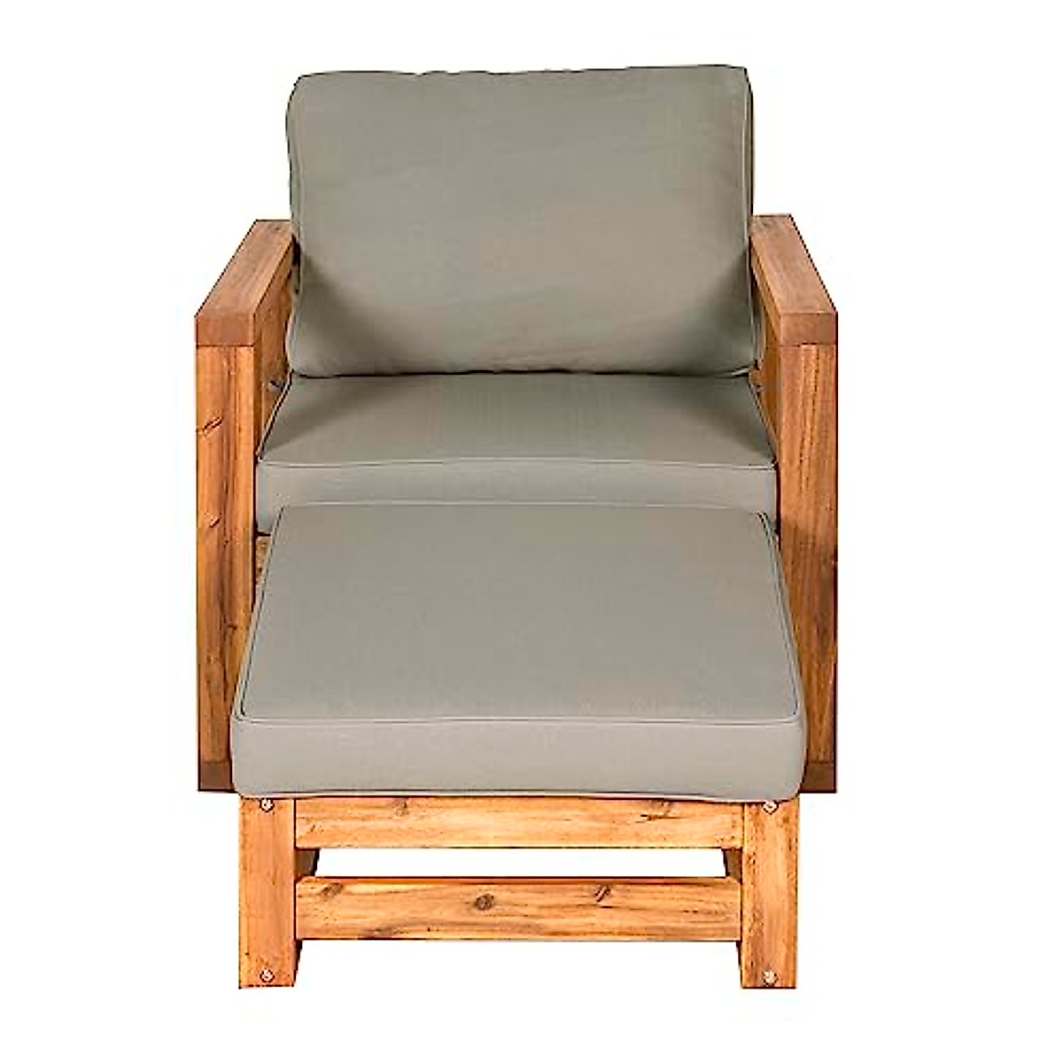 Walker Edison Sorrento Modern Acacia Wood Outdoor Side Chair and Ottoman Set with Cushions, 32 Inch, Brown