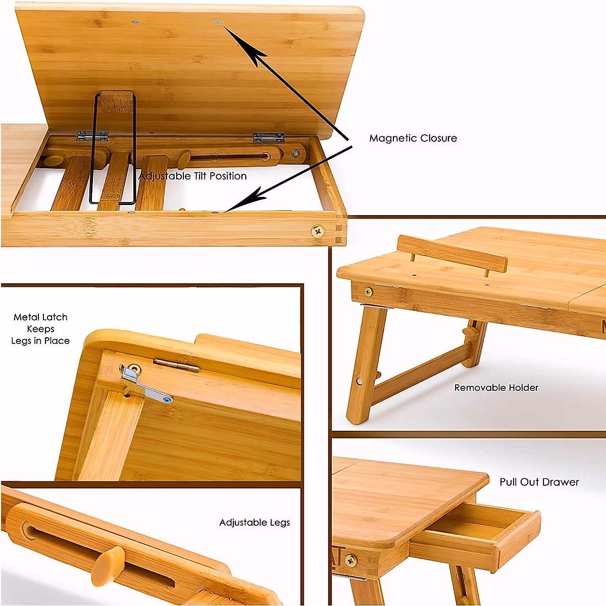 Morvat Bamboo Folding Laptop Lap Desk with Tilting Surface & Magnetic Drawer, Adjustable Writing Table & Bed Tray for Bedroom, Office & Couch, Holds Books Phones & Tablets, Includes Drawing Sketchpad