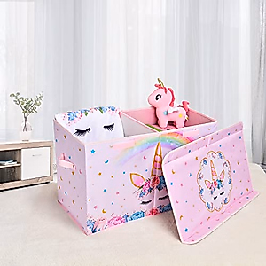 WERNNSAI Unicorn Toy Box - Collapsible Oxford Storage Bin with Handles 25" x 13" x 16" Toys Clothes Books Chest Organizer Cube with Flip-top Lid for Girls Kids Bedroom Nursery Living Room