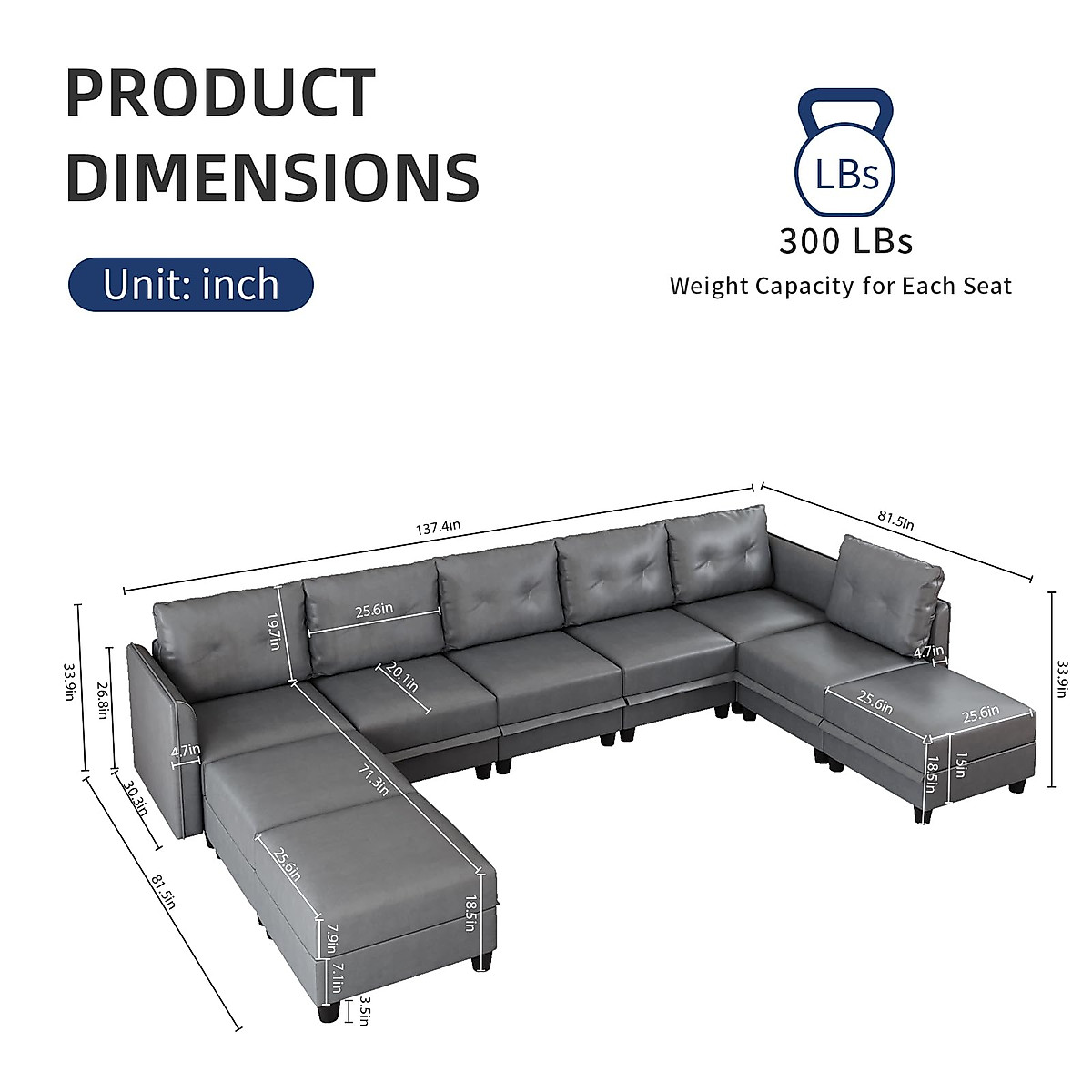 LLappuil Modular Sectional Sofa with Reversible Chaise, U Shaped Couch with Storage, Modern Faux Leather Fabric Sofa with Ottoman, Oversized Sectionals for Living Room, 9 Seat, Dark Grey