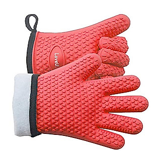 Loveuing Kitchen Oven Gloves - Silicone and Cotton Double-Layer Heat Resistant Oven Mitts/BBQ Gloves/Grill Gloves - Perfect for Baking and Grilling - 1 Pair (One Size Fits Most, Red)