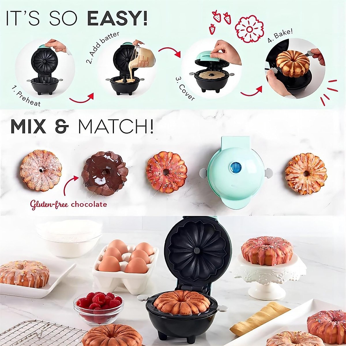 Cake Maker Lava Cake Maker Mini Donut Maker Waffle Maker Pancakes Maker Machine for Breakfast, Snacks, Desserts Non-stick Surface, Cake Machine, Double-sided Heating, Azure