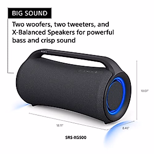 Sony SRS-XG500 X-Series Wireless Portable Bluetooth Boombox Party-Speaker with Big Powerful Sound, IP66 Water-resistant and Dustproof, 30 Hour-Battery, LED Ring Lighting, Speaker for Home and Outdoor