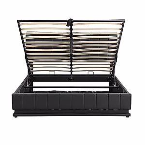 YSWH Queen Size Upholstered Platform Bed, Wood Storage Bed Frame with Hydraulic Storage System, LED Lights, Sockets and USB Ports, Kids Adults Bedroom Furniture Platform Versatility Bed (Black)