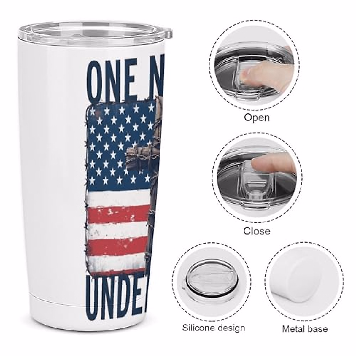 One Nation Under God Cross 20 OZ Stainless Steel Tumbler Travel Car Coffee Mug with Straw Lid Cleaning Brush Coffee Tumbler Mug for Women Men