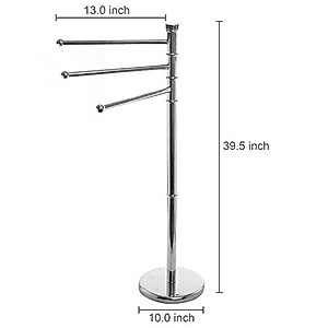 MyGift 38 Inch Silver Metal Freestanding Towel Rack for Bathroom with 3 Swivel Arms and Sturdy Round Base