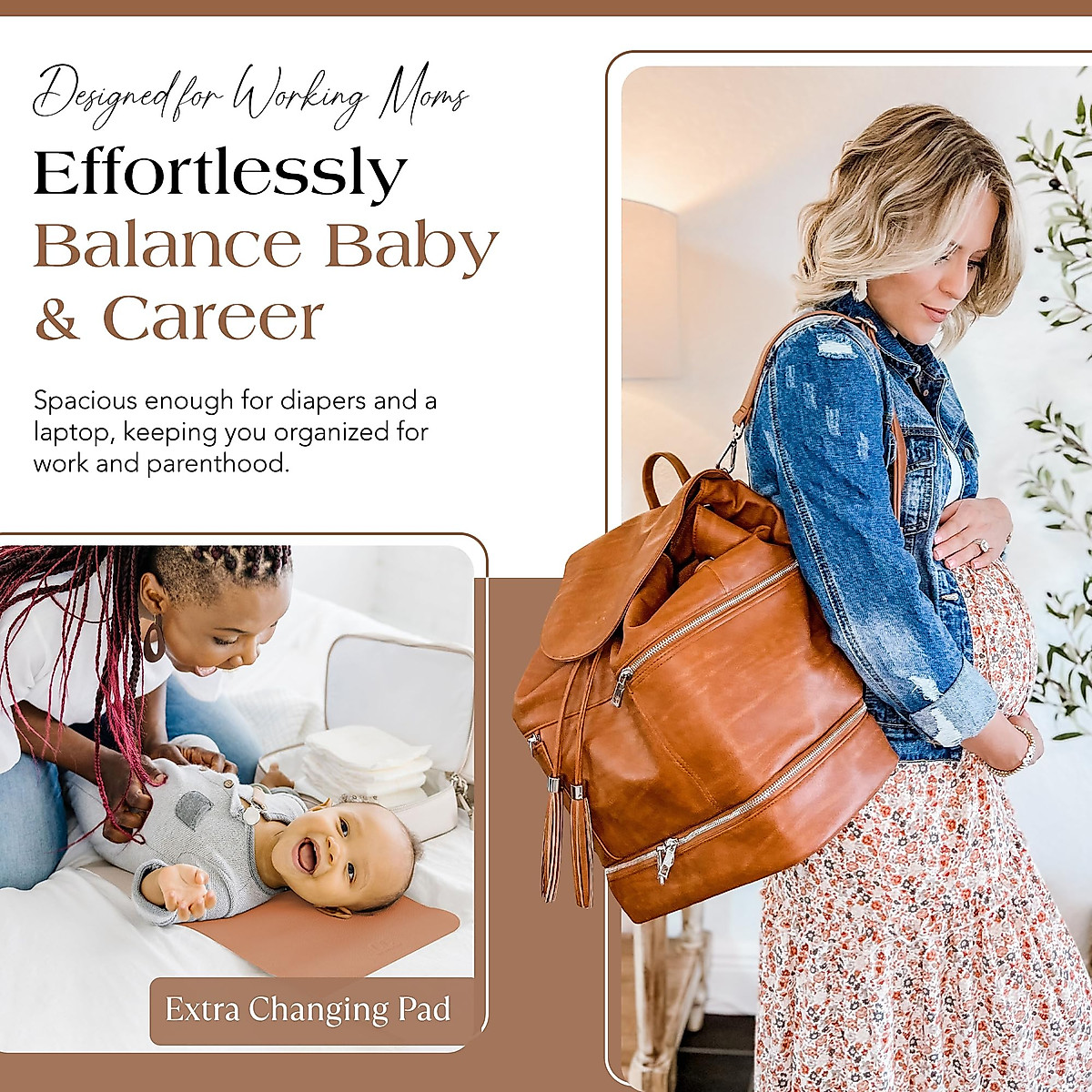 Citi Collective Journey Diaper Bag - Vintage Tan - Convertible Backpack to Shoulder or Crossbody - Waterproof Vegan Leather